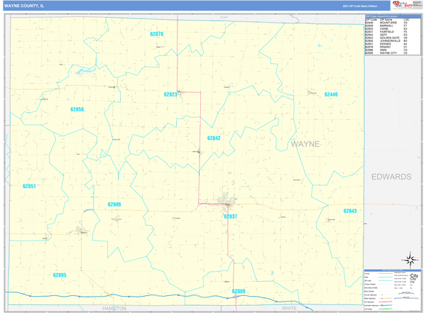 Wayne County, IL Zip Code Wall Map Basic Style by MarketMAPS