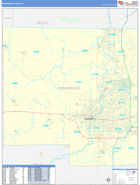 Winnebago County, IL Zip Code Wall Map Basic Style by MarketMAPS