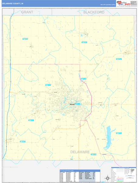 Delaware County, IN Zip Code Wall Map Basic Style by MarketMAPS