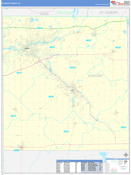 Elkhart County, IN Zip Code Wall Map Basic Style by MarketMAPS