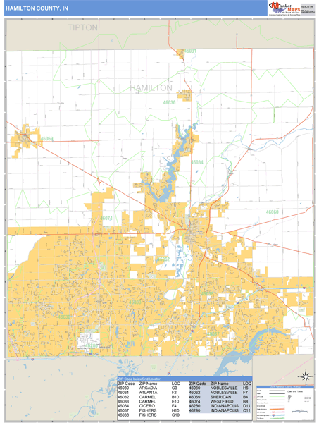 Hamilton County, IN Zip Code Wall Map Basic Style by MarketMAPS