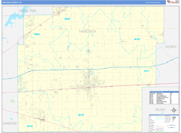 Hancock County, IN Zip Code Wall Map Basic Style by MarketMAPS