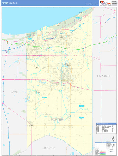 Porter County, IN Zip Code Wall Map Basic Style by MarketMAPS