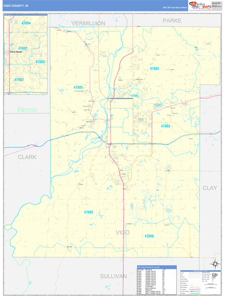 Vigo County, IN Zip Code Wall Map Basic Style by MarketMAPS