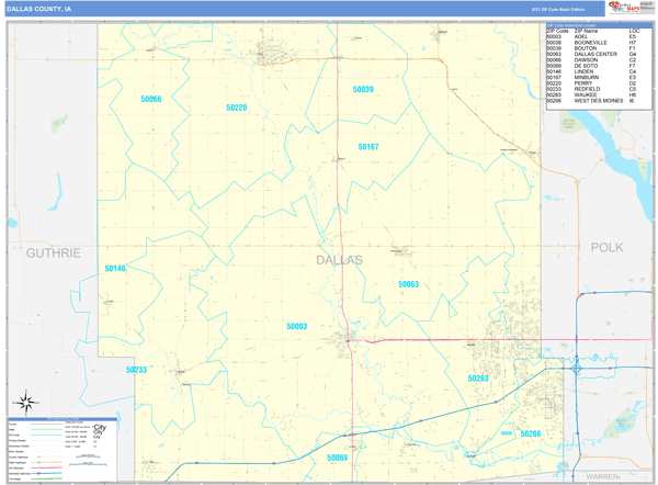 Dallas County, IA Zip Code Wall Map Basic Style by MarketMAPS
