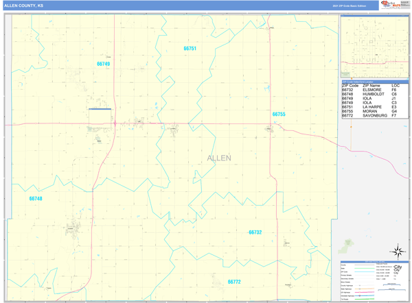 Allen County, KS Zip Code Wall Map Basic Style by MarketMAPS