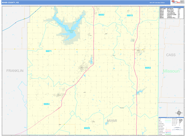 Miami County, KS Zip Code Wall Map Basic Style by MarketMAPS