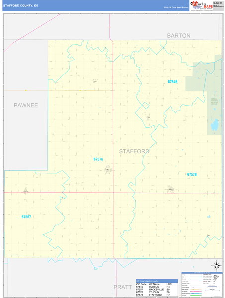 Stafford County, KS Zip Code Wall Map Basic Style by MarketMAPS