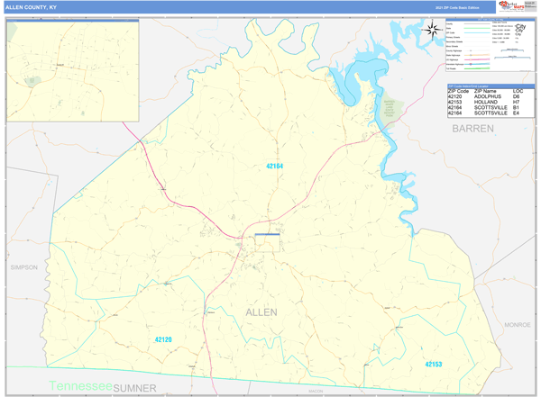 Allen County, KY Zip Code Wall Map Basic Style by MarketMAPS