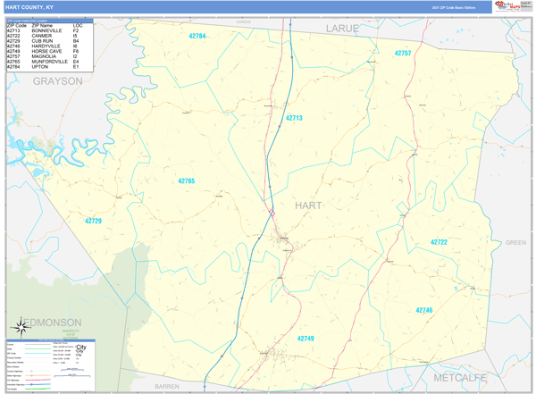 Hart County, KY Zip Code Wall Map Basic Style by MarketMAPS