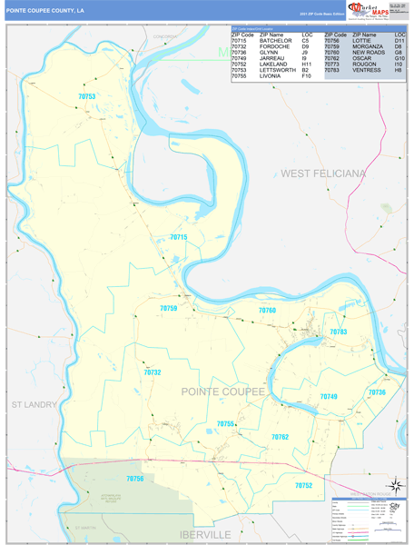 Pointe Coupee County, LA Zip Code Wall Map Basic Style by MarketMAPS