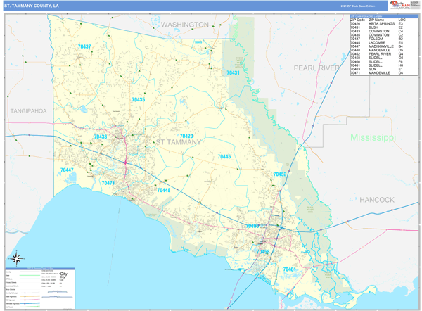 St. Tammany County, LA Zip Code Wall Map Basic Style by MarketMAPS