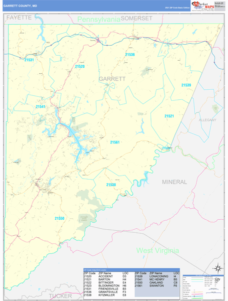 Garrett County, MD Zip Code Wall Map Basic Style by MarketMAPS