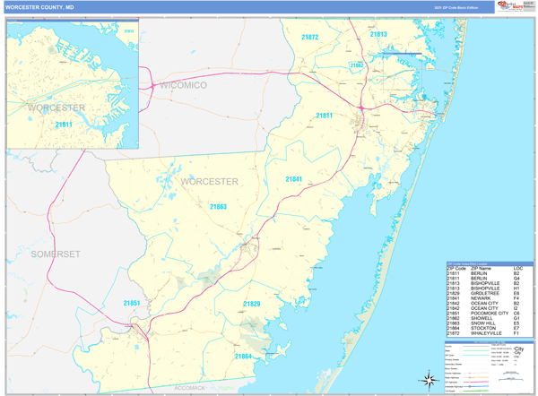 Worcester County, MD Zip Code Wall Map Basic Style by MarketMAPS