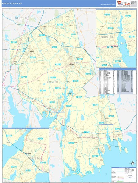 Bristol County, MA Zip Code Wall Map Basic Style by MarketMAPS