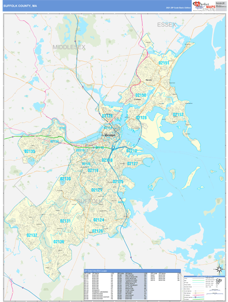 Suffolk County, MA Zip Code Wall Map Basic Style by MarketMAPS
