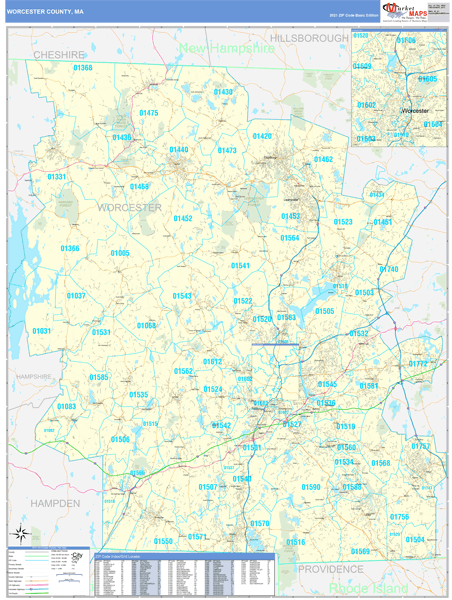 Worcester County, MA Zip Code Wall Map Basic Style by MarketMAPS