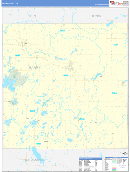 Barry County, MI Zip Code Wall Map Basic Style by MarketMAPS