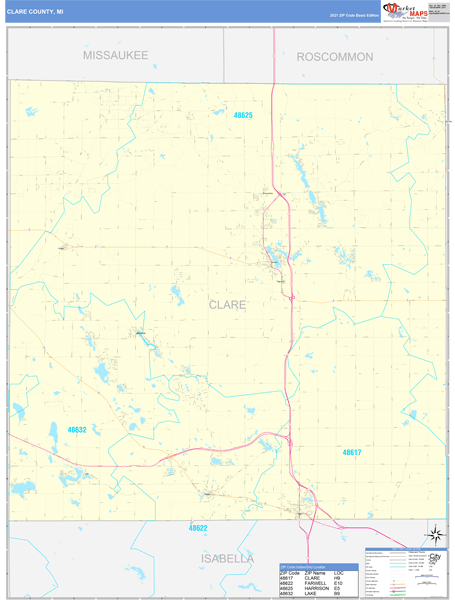 Clare County, MI Zip Code Wall Map Basic Style by MarketMAPS