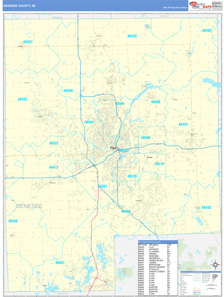 Genesee County, MI Zip Code Wall Map Basic Style by MarketMAPS