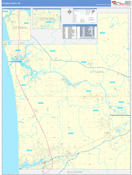 Ottawa County, MI Zip Code Wall Map Basic Style by MarketMAPS
