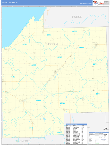 Tuscola County, MI Zip Code Wall Map Basic Style by MarketMAPS