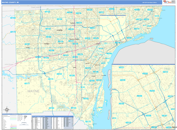 Wayne County, MI Zip Code Wall Map Basic Style by MarketMAPS