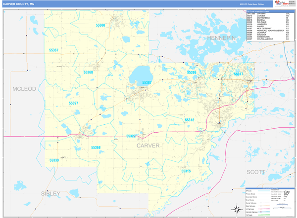 Carver County, MN Zip Code Wall Map Basic Style by MarketMAPS