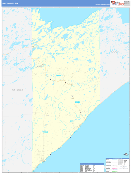 Lake County, MN Zip Code Wall Map Basic Style by MarketMAPS