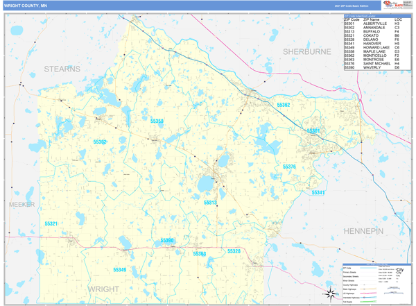 Wright County, MN Zip Code Wall Map Basic Style by MarketMAPS
