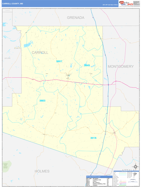 Carroll County, MS Zip Code Wall Map Basic Style by MarketMAPS