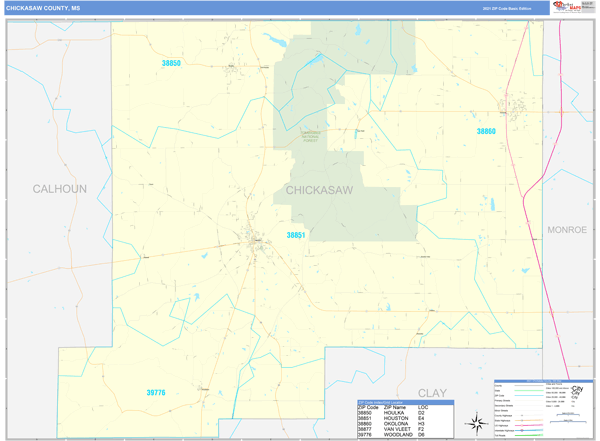 Chickasaw County, MS Zip Code Wall Map Basic Style by MarketMAPS