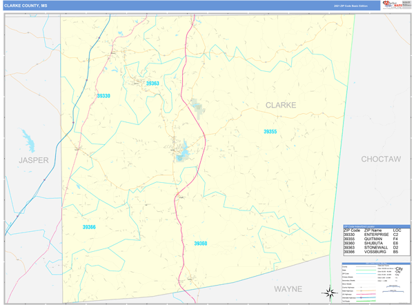 Clarke County, MS Zip Code Wall Map Basic Style by MarketMAPS