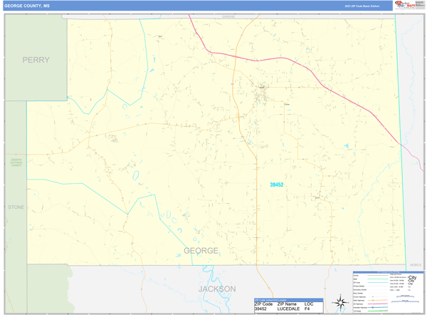 George County, MS Zip Code Wall Map Basic Style by MarketMAPS