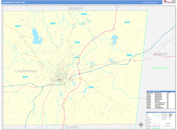 Lauderdale County, MS Wall Map Basic Style by MarketMAPS