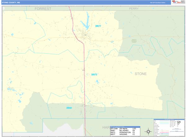 Stone County, MS Zip Code Wall Map Basic Style by MarketMAPS