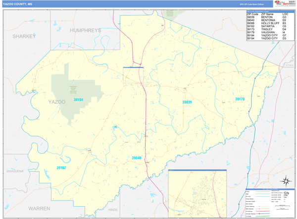 Yazoo County, MS Zip Code Wall Map Basic Style by MarketMAPS