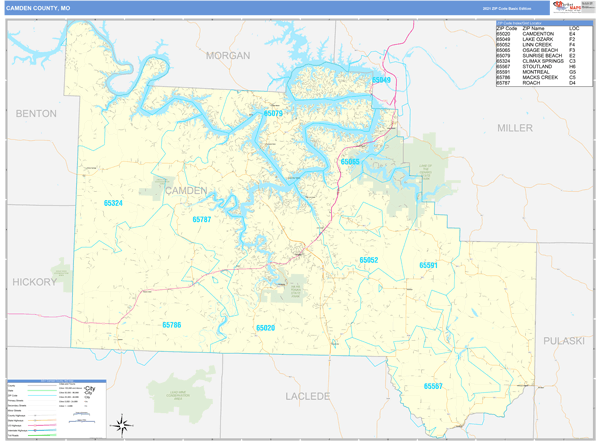 Camden County, MO Zip Code Wall Map Basic Style by MarketMAPS