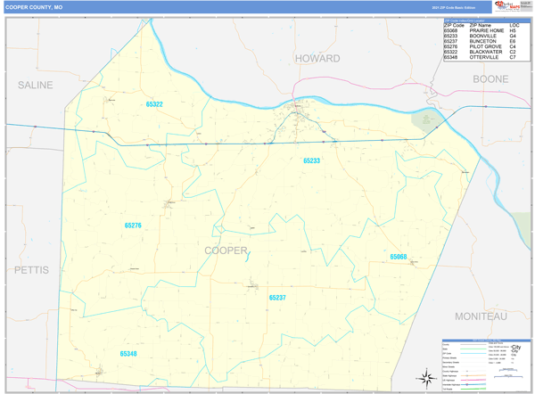 Cooper County, MO Zip Code Wall Map Basic Style by MarketMAPS