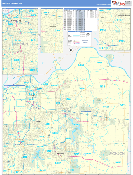 Jackson County, MO Zip Code Wall Map Basic Style by MarketMAPS