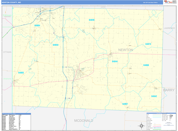 Newton County, MO Zip Code Wall Map Basic Style by MarketMAPS