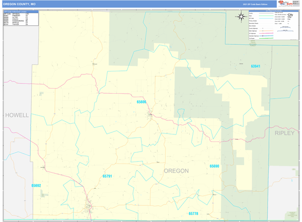 Oregon County, MO Zip Code Wall Map Basic Style by MarketMAPS
