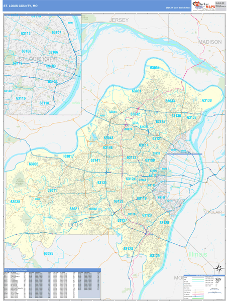 St. Louis County, MO Zip Code Wall Map Basic Style by MarketMAPS