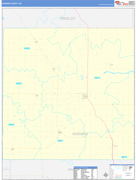 Howard County, NE Zip Code Wall Map Basic Style by MarketMAPS