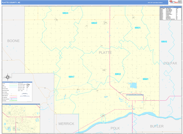 Platte County, NE Zip Code Wall Map Basic Style by MarketMAPS