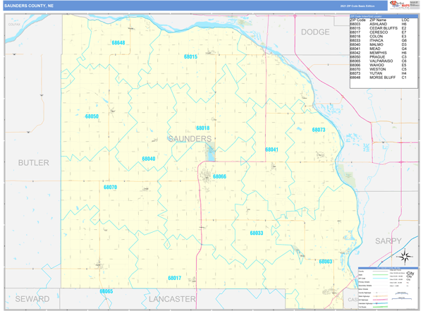 Saunders County, NE Zip Code Wall Map Basic Style by MarketMAPS