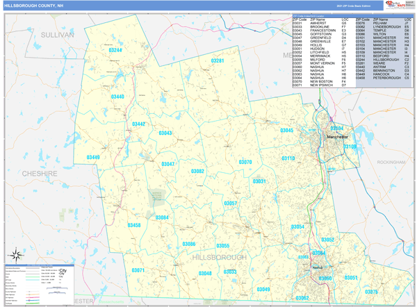 Hillsborough County, NH Zip Code Wall Map Basic Style by MarketMAPS