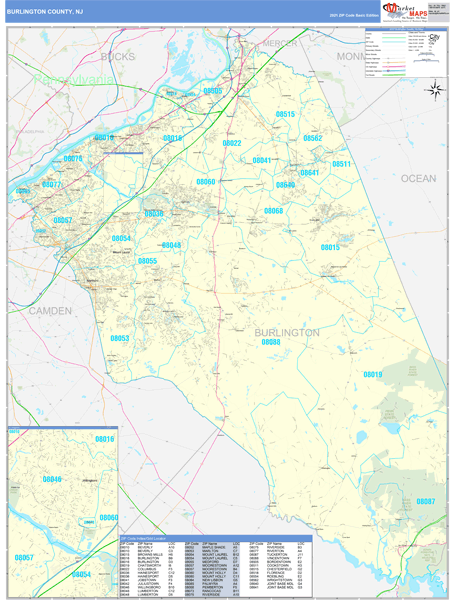 Burlington County, NJ Zip Code Wall Map Basic Style by MarketMAPS
