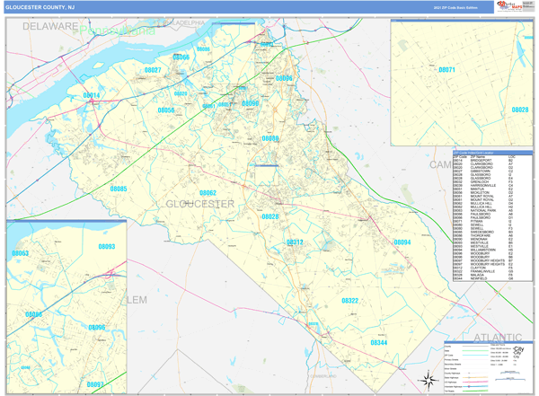 Gloucester County, NJ Zip Code Wall Map Basic Style by MarketMAPS