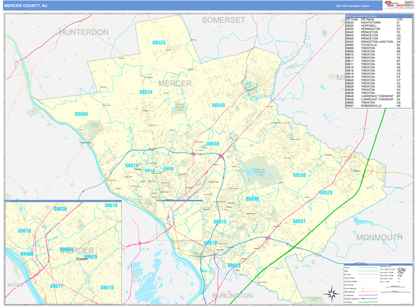 Mercer County, NJ Zip Code Wall Map Basic Style by MarketMAPS